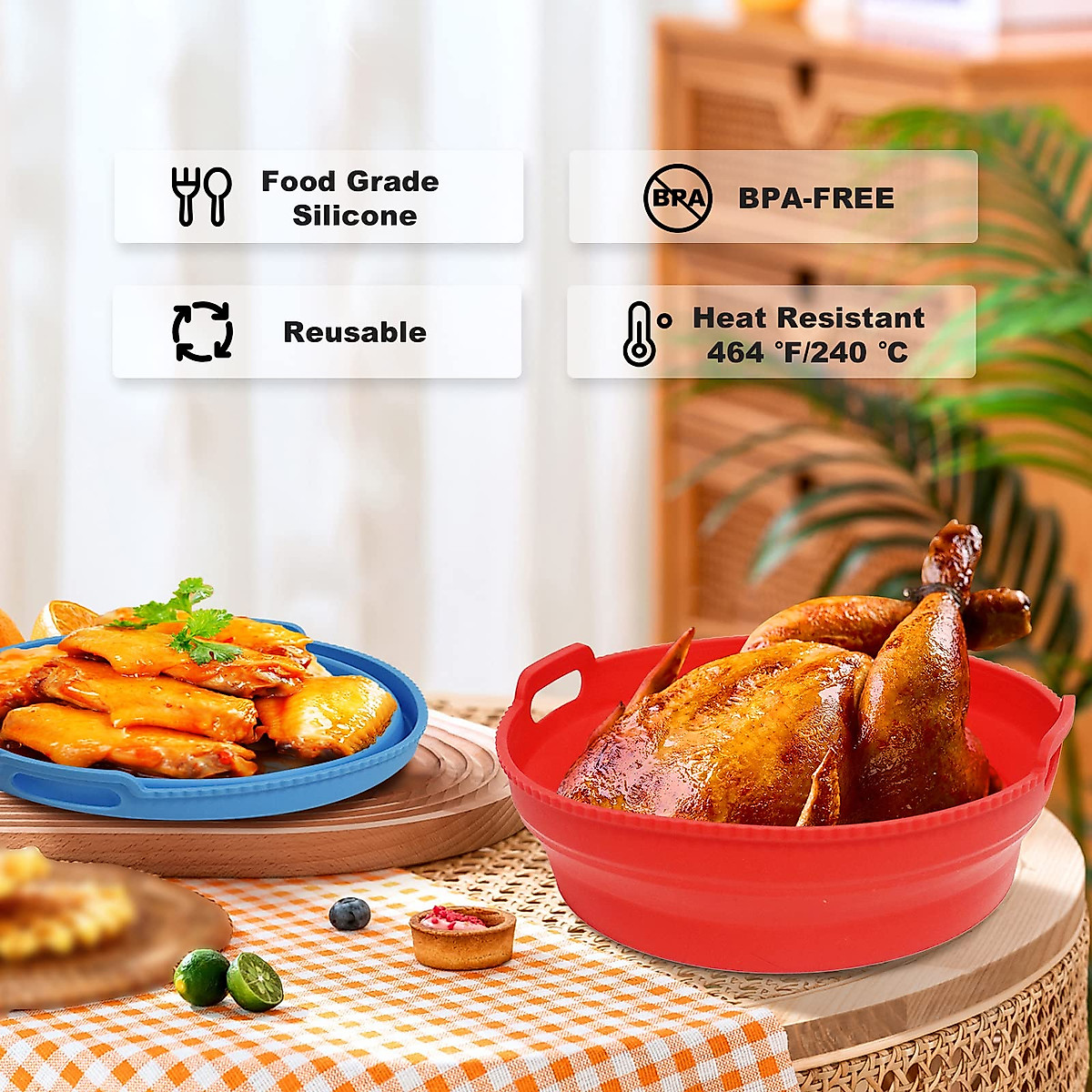 2 Pack Air Fryer Silicone Liners 8.5 Inch Foldable Silicone Air Fryer Basket Liners Reusable air fryer Silicone Pot Non Stick Food Safe Oven Silicone Baking Liners for 5 to 7 QT Air Fryer with Gloves