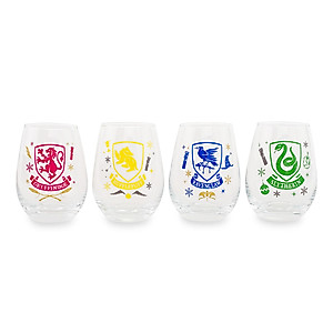 Silver Buffalo Harry Potter Hogwarts House Colors 12-Ounce Stemless Wine Glasses, Set of 4 | Holds 20 Ounces