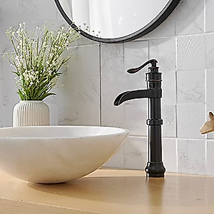 BATHLAVISH Bathroom Vessel Sink Faucet Oil Rubbed Bronze Black Farmhouse Waterfall Single Hole Tall with Pop Up Drain Assembly Without Overflow One Hole Mixer Tap Deck Mount Commercial