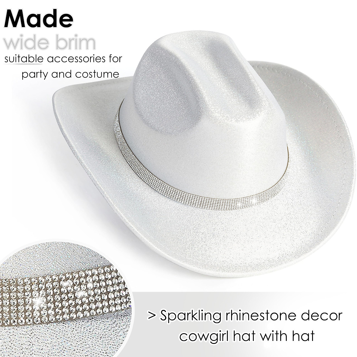 Gossifan Women Men Wide Brim Cowboy Hats with Rhinestone Buckle for Party Disco Sparkly Cowgirl Hat-Silver