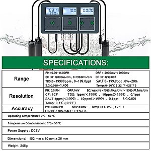 Yewhick WiFi Tuya Smart PH Meter Data Logger Temp TDS Salinity S.G. EC ORP Water Tester Monitor Analyzer for Aquariums Pool Hydroponics