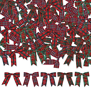 Meseey 50 Pcs Christmas Gingham Ribbon Bows with Twist Tie Red and Green Buffalo Check Premade Bows for Gift Wrapping Basket Wedding Baby Shower Brithday Party (2.5", Christmas)