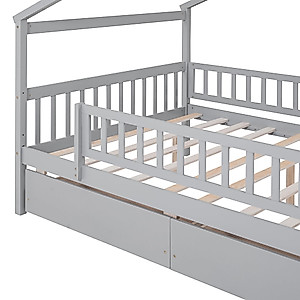 Full House Bed for Kids, Montessori Bed Full Size Platform Bed Frame with 2 Storage Drawers, Guardrails and Roof, Solid Wood Full Storage Bed for Girls & Boys (Full, Gray)