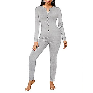 Ekouaer Bandage One Piece Pajama Romper Long Sleeve Jumpsuit Sleepwear For Women,Gray,Medium