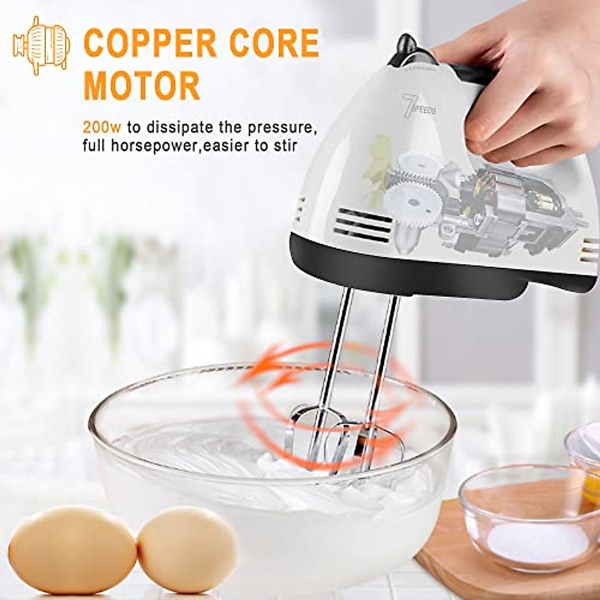 7 Speed Electric Hand Mixer Electric, whisk kitchen food baking, 4 Chrome-plated Steel Accessories for Easy Whipping Easy Whipping Cream Cake Cookies