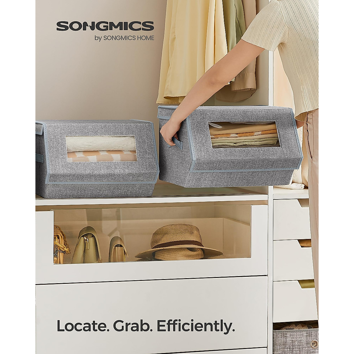 SONGMICS Stackable Storage Bins Set of 2, Storage Boxes with Lids and Front Windows, Non-Woven Fabric Closet Organizers with Magnetic Closures, Side Handles, Dove Gray URLB002W01