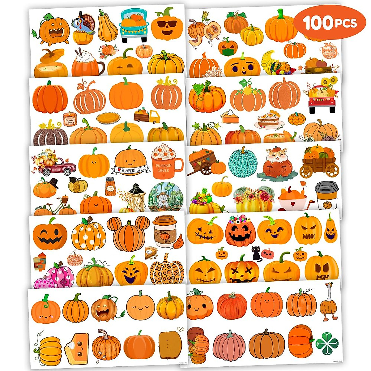 Cute Pumpkin Temporary Tattoos 10 Sheets 100 PCS Fall Pumpkin Party Decorations Favors Supplies Fall Theme Birthday Stickers Halloween Gifts for Boys Girls Kids Class School Prizes Carnival Christmas