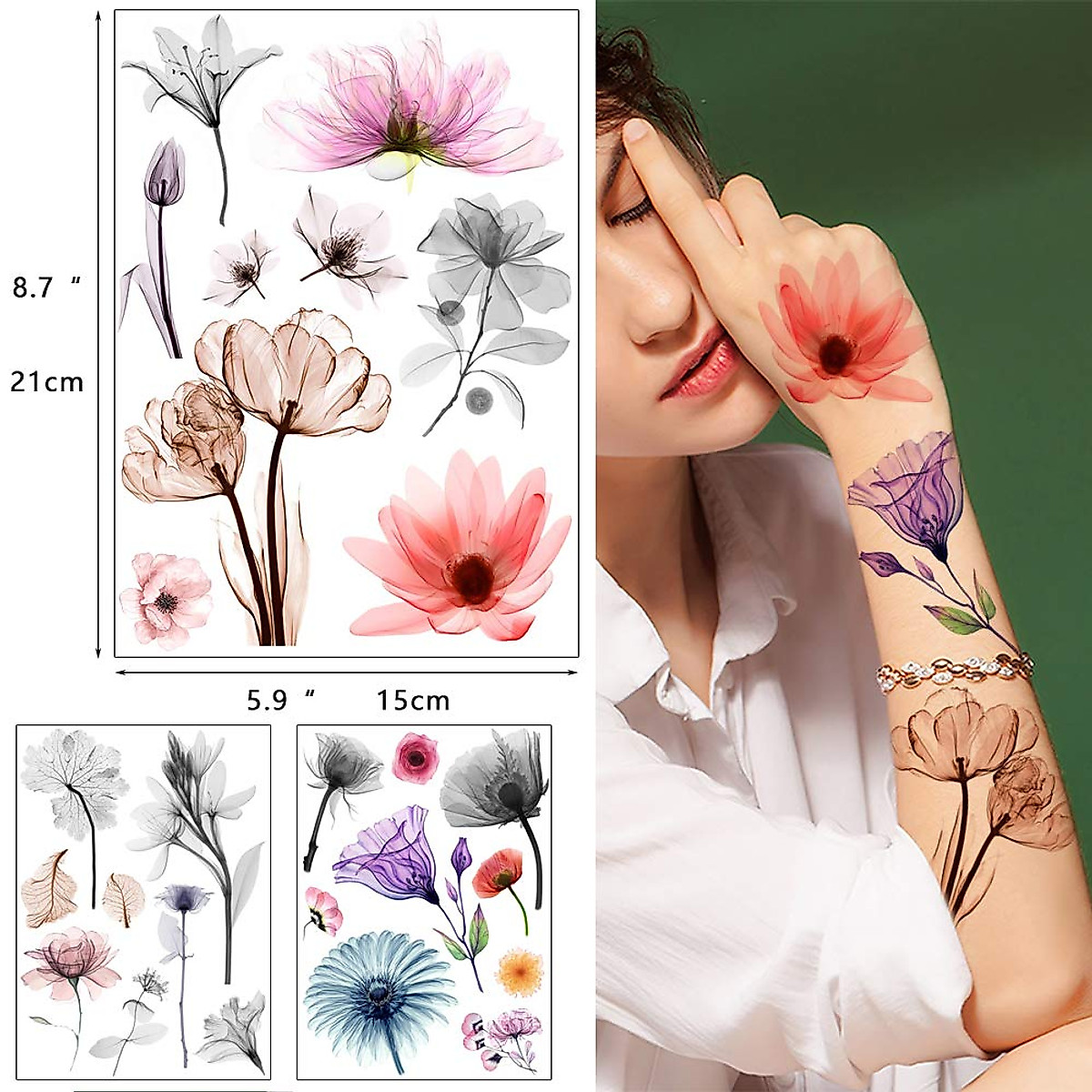 GLARYYEARS X-ray Flower Temporary Tattoo, 8-Pack Creative Realistic Flower Tattoos, Floral Design Variety Pack Fake Tattoo Stickers for Women Girls, Long-lasting Tattoos for Body Face Hand Arm