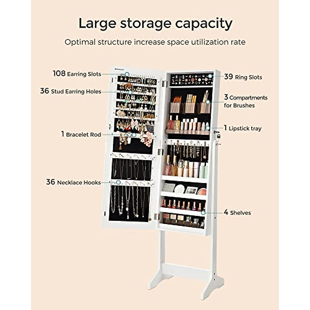 SONGMICS Jewelry Cabinet Armoire, Freestanding Lockable Storage Organizer Unit with 2 Plastic Cosmetic Storage, Full-Length Frameless Mirror, for Necklace Earring, White UJJC002W01