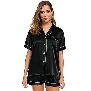 SWOMOG Womens Silk Satin Pajamas Set Two-Piece Pj Sets Sleepwear Loungewear Button-Down Pj Sets Black