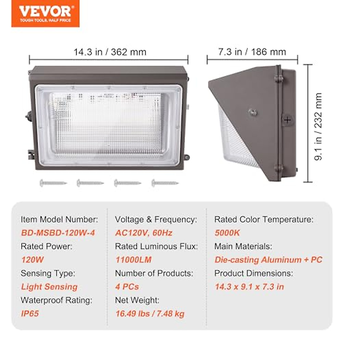 VEVOR 4PCs LED Wall Pack Lights, 120W 11000LM, 5000K Commercial Outdoor Lights Security Lighting Fixture, with Intelligent Light Sensing 240 LED Beads Energy Saving for Garages Yards, IP65 Waterproof