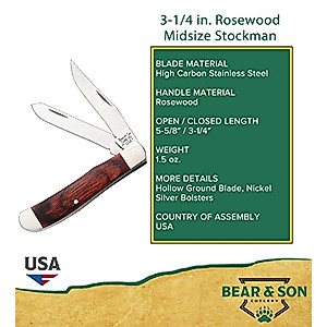 Bear & Son 218R Rosewood Three-Blade Midsize Stockman Slip Joint Knife, 3 1/4-Inch