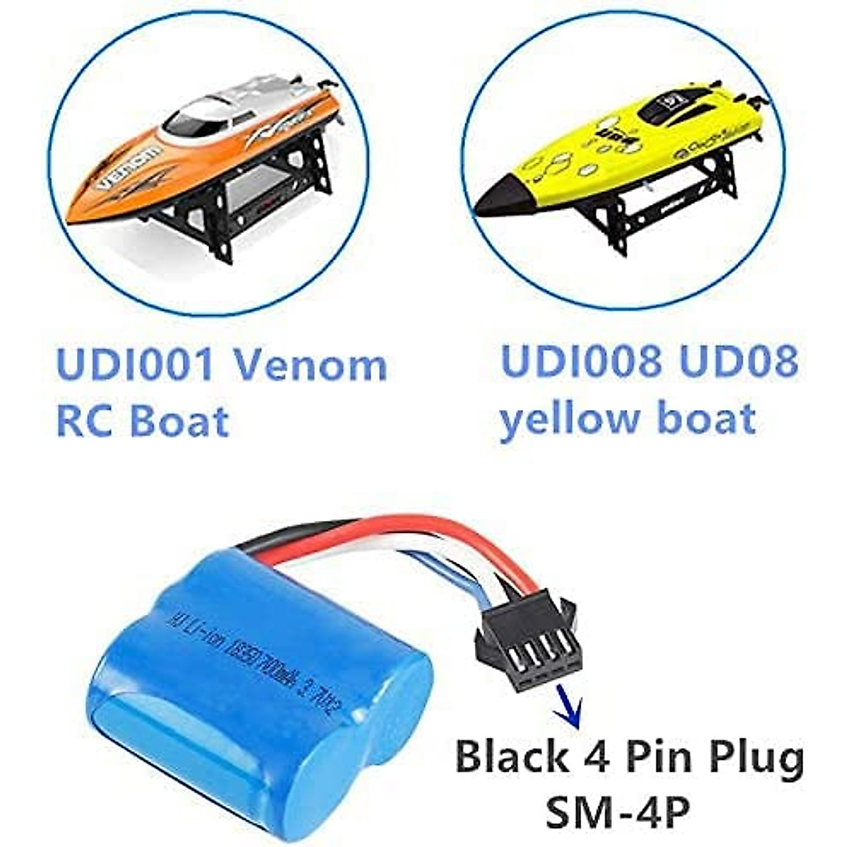 7.4V (2 x 3.7V) 700mAh Li-ion Battery with SM-4P Plug for Old Version UDI001 Venom Speed RC Boat UDI008 UD08 UDI001 Battery 2 Pack with USB Charger