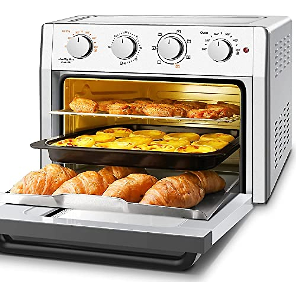WEESTA Large Air Fryer Toaster Oven, 24 QT, 7-in-1 Convection Oven with Roast, Bake, Broil, 4 Accessories and E-Recipes, 450°F, 1500W, Silver
