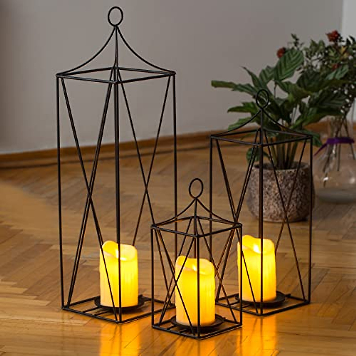 Set of 3 Tall Metal Lanterns 24’’ & 19’’ & 13’’ Elegant Decorative Lantern with Pillar Candle Holder, Garden Porch Night Indoor/Outdoor for Wedding Décor, Party, Christmas (Black)