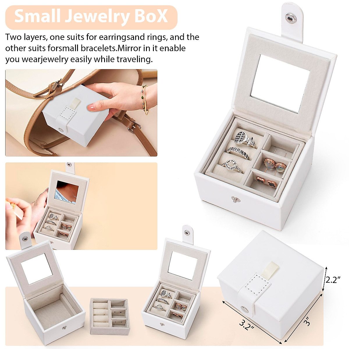 TORIBIO Jewelry Box, Jewelry Case with Small Travel Case Jewelry Storage Organizer, Large Storage Capacity, Faux Leather Jewelry Storage Case with 5 Drawers, for Girls/Women/Mother, White