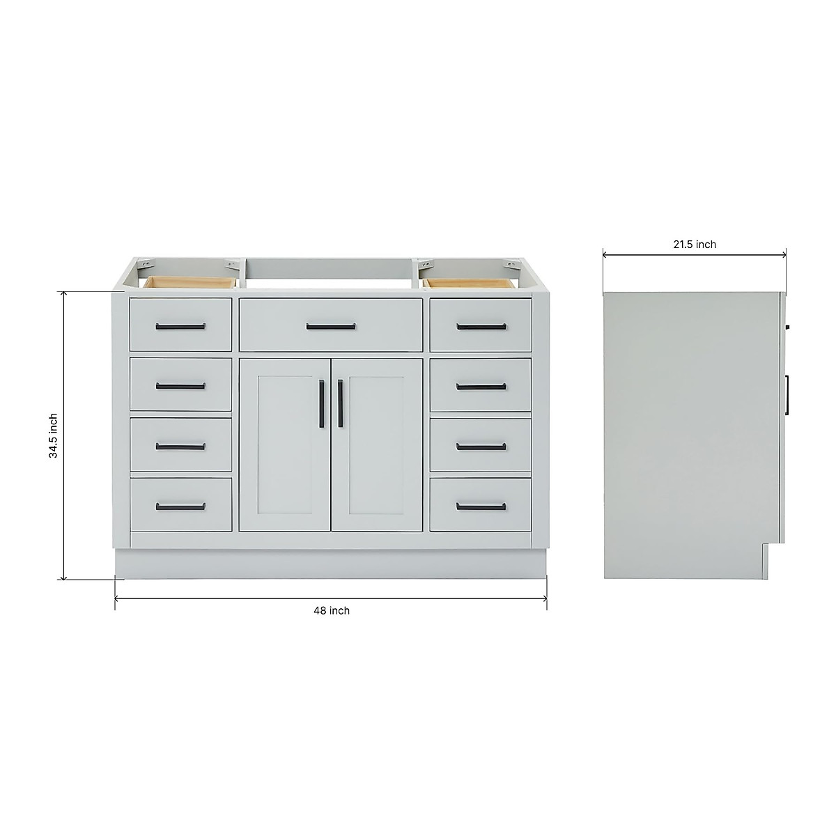 ARIEL Hepburn Bathroom Vanity Base Cabinet 48" Grey, Single Sink Configuration, 2 Soft Closing Doors, 9 Full Extension Dovetail Drawers, Toe Kick, Matte Black