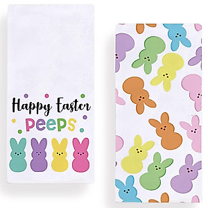 Happy Easter Peeps Kitchen Dish Towel 18 x 28 Inch, Spring Summer Rabbit Tea Towels Dish Cloth for Cooking Baking Set of 2