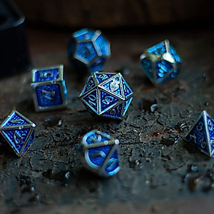 HEIMDALLR Metal DND Dice Set 7 pcs - Dragonhide Design, 16mm Size, Logo on D20; Metal Dice Set & Dice Box; D&D Dice Set D&D (Dungeons and Dragons Dice Set) - Jormungandr Series (Frosteater)