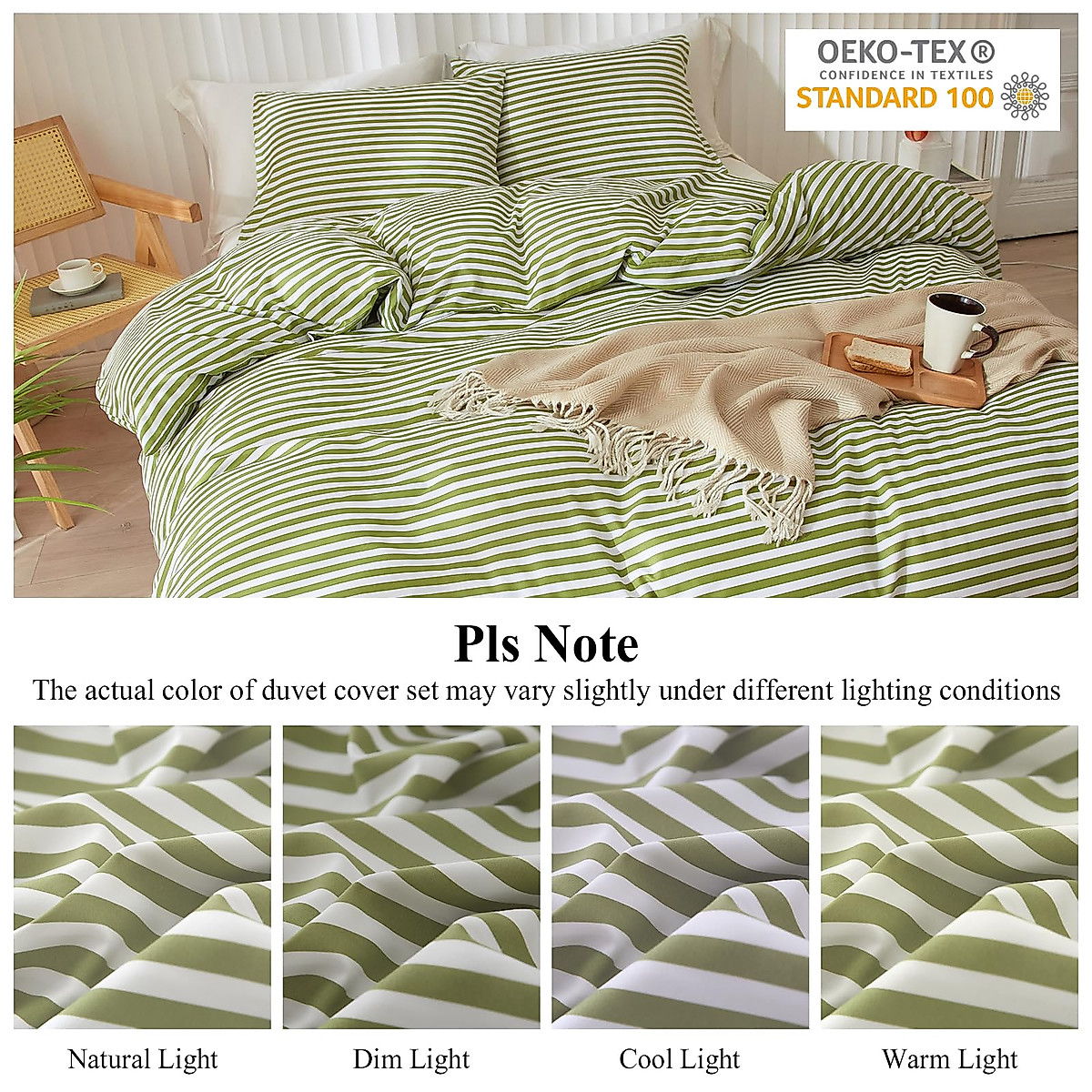 EAVD Duvet Cover Twin Green Striped Duvet Cover Soft Microfiber Green and White Striped Bedding Set with 2 Pillowcases Reversible Geometric Striped Comforter Cover with Zipper Closure