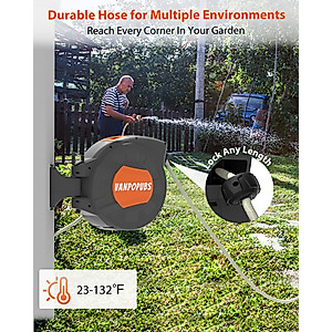 Vanpopubs Retractable Garden Hose Reel,1/2 in x 100 ft Hose Reel Auto Rewind, Any Length Lock/Wall Mounted/180°Swivel Bracket,with 10 Function Sprayer Nozzle