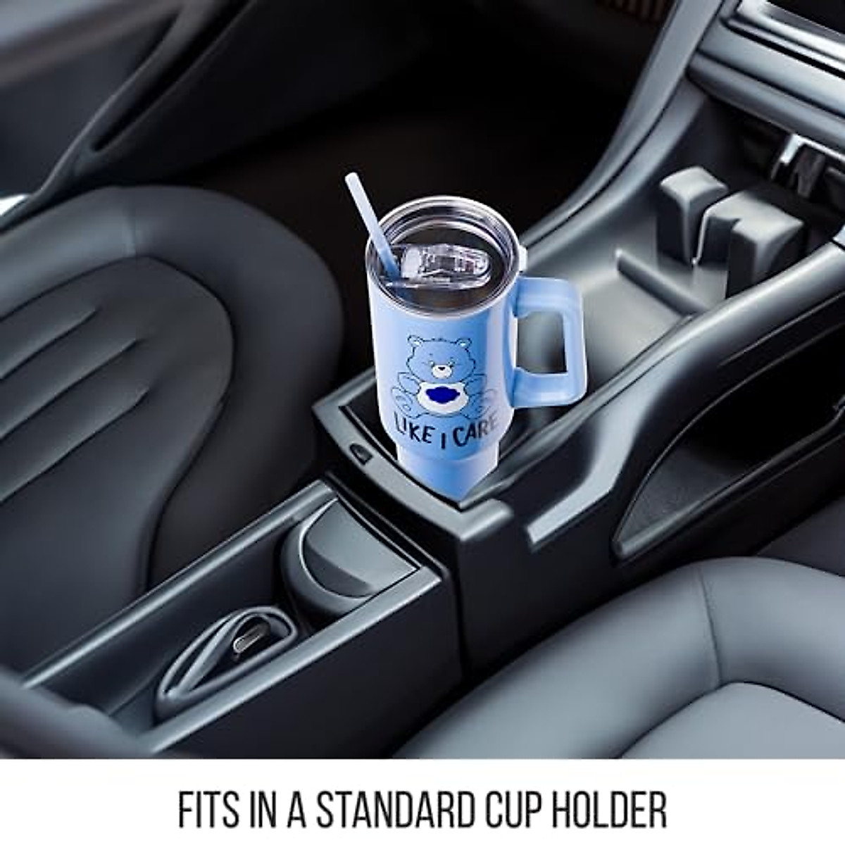 Silver Buffalo Care Bears Grumpy Bear Like I Care Stainless Steel Tumbler with Handle and Straw, Fits in Standard Cup Holder, 40 Ounces