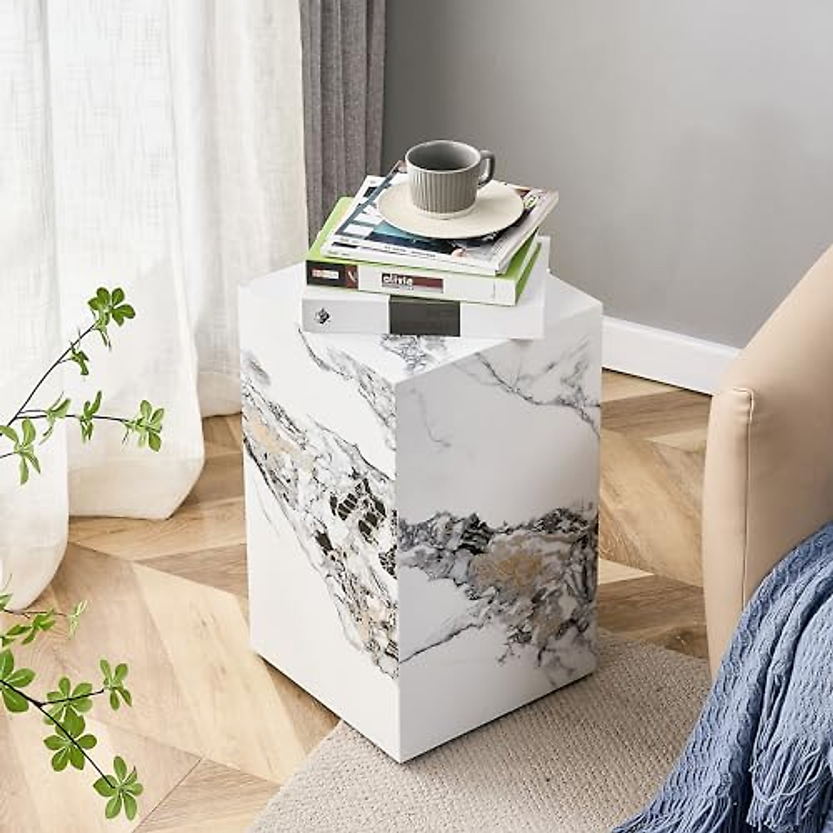 HESIEU Accent Table Side Table with Faux Marble Pattern Modern White Coffee Table Cube Stylish Accent Center Table Cocktail Table Marble Nightstand for Living Room Bedroom Office Dining Room