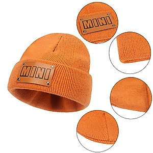 2PCS Parent-Child Beanie Hat Mama and Mini Leather Patch Knitted Hat Winter Warm Cuffed Ski Cap Black