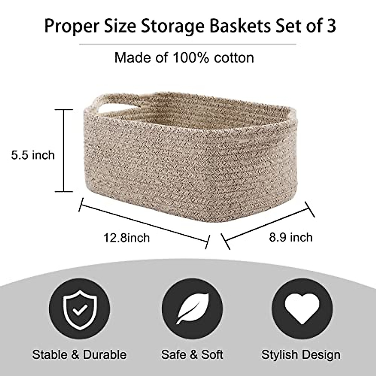 OIAHOMY Cotton Rope Baskets, Woven Baskets for Storage, Nursery Storage Baskets, Rectangle Storage Basket with Handles, Storage Baskets for Shelves, Pack of 3, Brown Variegated