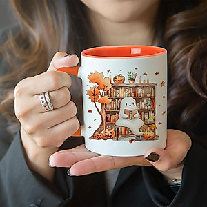 Hyturtle Fall Halloween Coffee Mug - Cute Ghost Reading Book Mug - Maple Leaves Spooky Pumpkin Gifts For Men Women On Halloween Birthday Christmas - 11oz Two Tone Orange/White Ceramic Coffee Tea Cup