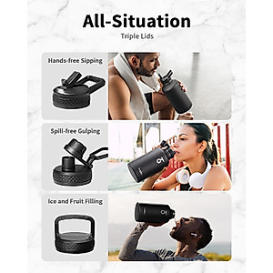 Trebo Half Gallon Water Bottle with Paracord Handle 64oz Wide Mouth Insulated Double Wall Stainless Steel Large Sports Flask Keep Hot 24 Hours & Cold 48 Hours Water Jug with 3 Lids, Black