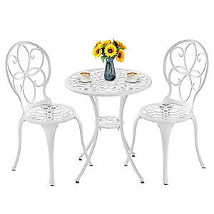 Withniture Patio Bistro Sets, Cast Aluminum Bistro Table and Chairs Set of 2 with Umbrella Hole, Bistro Set 3 Piece Outdoor, Metal Patio Furniture Set for Garden Porch, White