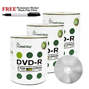 Smartbuy 300-disc 4.7GB/120min 16x DVD-R Logo Top Blank Media Record Disc + Black Permanent Marker