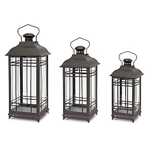 Melrose Rustic Decorative Hanging Metal and Glass Outdoor Porch Deck Patio Home Room Décor Lantern Candle Holder Lights, Bronze (Set of 3)