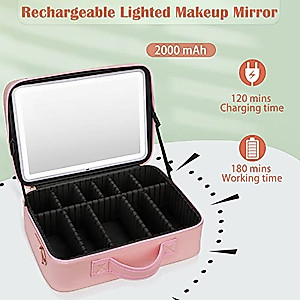 KuMers Plus Size Travel Makeup Bag with Large Lighted Mirror, Makeup Cosmetic Train Case with Detachable Mirror and Light Waterproof Artist Organizer with Adjustable Dividers Gift for Women (Pink)