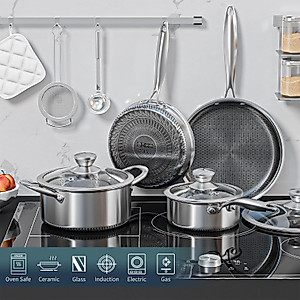 AuFranc® Hybrid Nonstick Stainless Steel Pots and Pans Set, Induction Cookware Set with Tempered Glass Lids, Non-stick Pot and Pan Set Suitable for All Cooktops, Non-Toxic, Dishwasher & Oven Safe