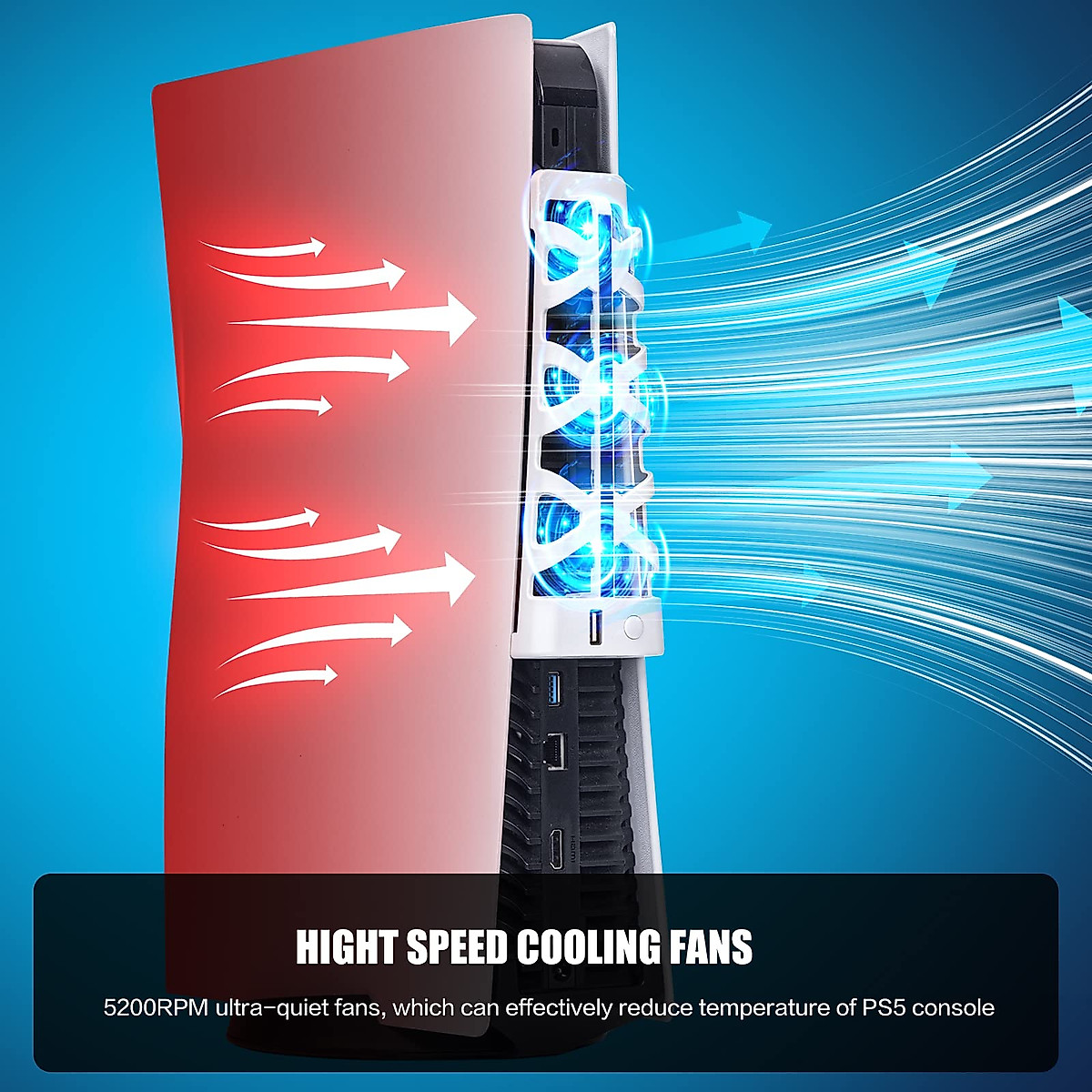 Upgraded PS5 Cooling Fan with LED Light and USB Port - Quiet Fan for PS5 Accessories - Suitable for Sony PS5 Digital/Disc Edition - White (NOT for PS5 Slim)