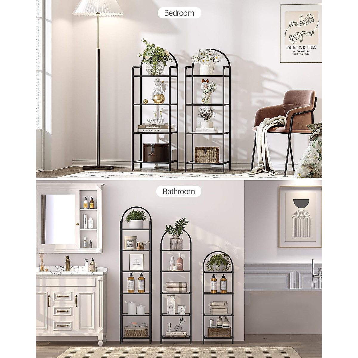 Hzuaneri Bookcase Bookshelf, Tempered Glass Bookshelves, Slim Shelving Unit for Bedroom, Bathroom, Home Office, Steel Frame, 4 Tier Black BC04001B