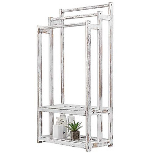 MyGift 3 Tier Farmhouse Whitewashed Solid Wood Bathroom Towel Rack, Freestanding Bath Towel Drying Holder Stand with 2 Slatted Bottom Storage Organizer Shelf