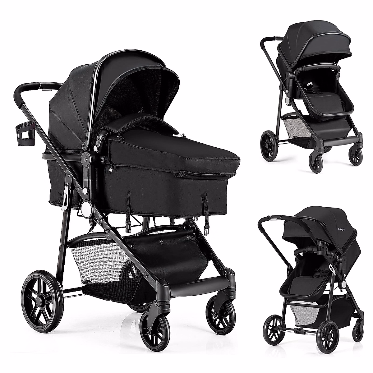 BABY JOY Baby Stroller, 2 in 1 Convertible Carriage Bassinet to Stroller, Pushchair with Foot Cover, Cup Holder, Large Storage Space, Wheels Suspension, 5-Point Harness (Black)
