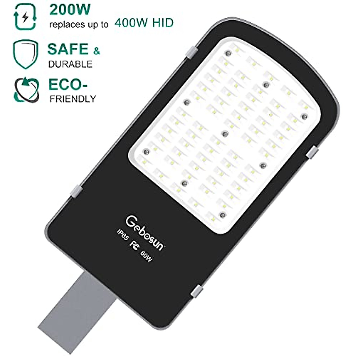 Gebosun 200W AC Powered Street Light & Flood Light, with Optic Sensor, Dusk to Dawn, 9,600 Lumen, 6,000K, IP65 Waterproof, Wall-Mounted & Pole-Mounted