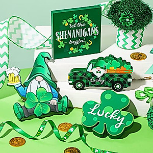 4 Pieces St. Patrick's Day Table Decor Wooden Sign Lucky Shamrock Table Sign Green Gnome Truck Table Centerpiece Freestanding Clover Letter Sign Table Decoration for Irish Holiday Party Decor