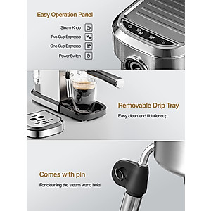 Yabano Espresso Machine, 15 Bar Fast Heating Espresso Coffee machine with Milk Frother Wand for Cappuccino, Large Water Tank, 1350W Automatic Espresso Latte Maker for Home