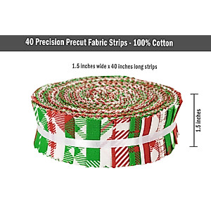 Soimoi 40Pcs Christmas Checks Print Precut Fabrics Strips Roll Up 1.5x42inches Cotton Jelly Rolls for Quilting - Red & Green