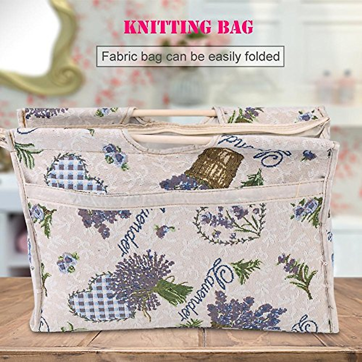 1 Piece Knitting Bag, Exquisite Practical Woven Fabric Storage Bag with Wood Handle for Yarn Knitting Needles Sewing Tools(Blue Flower)
