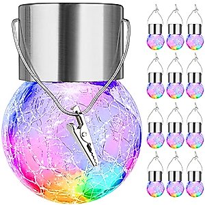 MAXvolador 12-Pack Hanging Solar Lights Outdoor, Decorative Cracked Glass Ball Light, Solar Powered Waterproof Globe Lighting with Handle for Garden, Yard,Patio,Tree,Holiday(Multicolor)