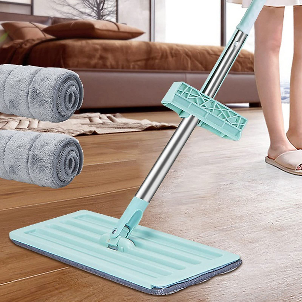 OUSHOP Mop Microfiber Flat Mop Hand Free Squeeze Cleaning Floor Mop Pads Lazy Mop Household Cleaner Tools
