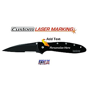 Kershaw Custom Laser Engraved Leek Knife 1660CKTST Black Handle with Black Serrated Edge Blade