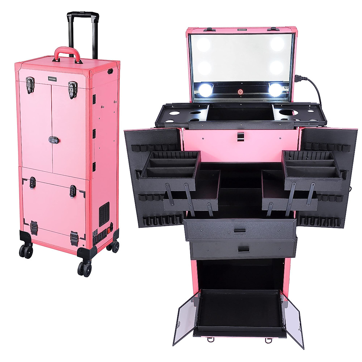 Pink Rolling Makeup Case with Mirror Light Pro Large Cosmetic Artists Hair Stylist Barber Organized Trolley Lockable