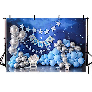 Blue Sky Twinkling Stars Balloons Boys 1st Birthday Party One Years Old Cake Smash Decor Backdrop for Home Party Banner Photo Studio,7x5ft
